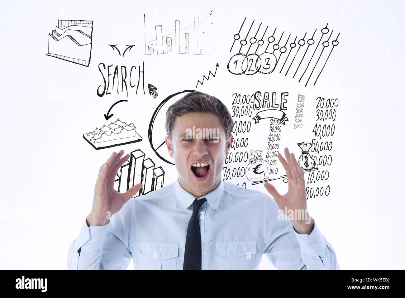 Angry businessman shouting against data analysis doodles Stock Photo ...