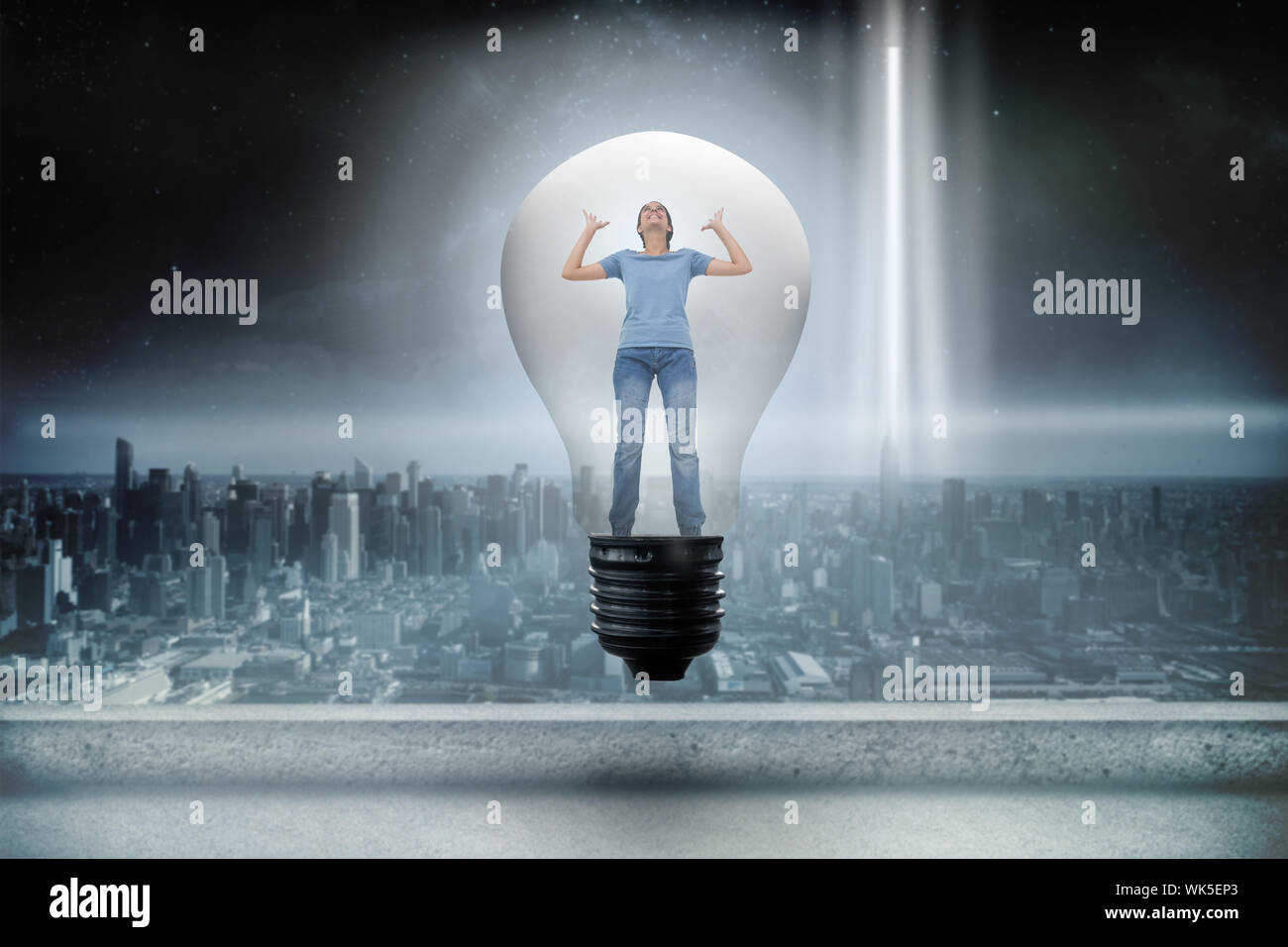 Angry woman in light bulb against balcony overlooking city Stock Photo ...