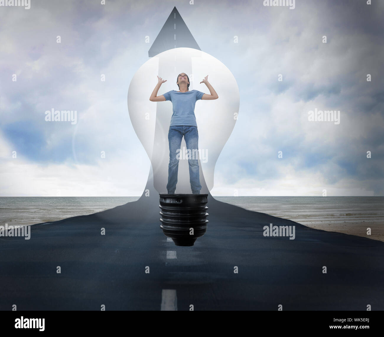 Angry woman in light bulb against road turning into arrow Stock Photo ...