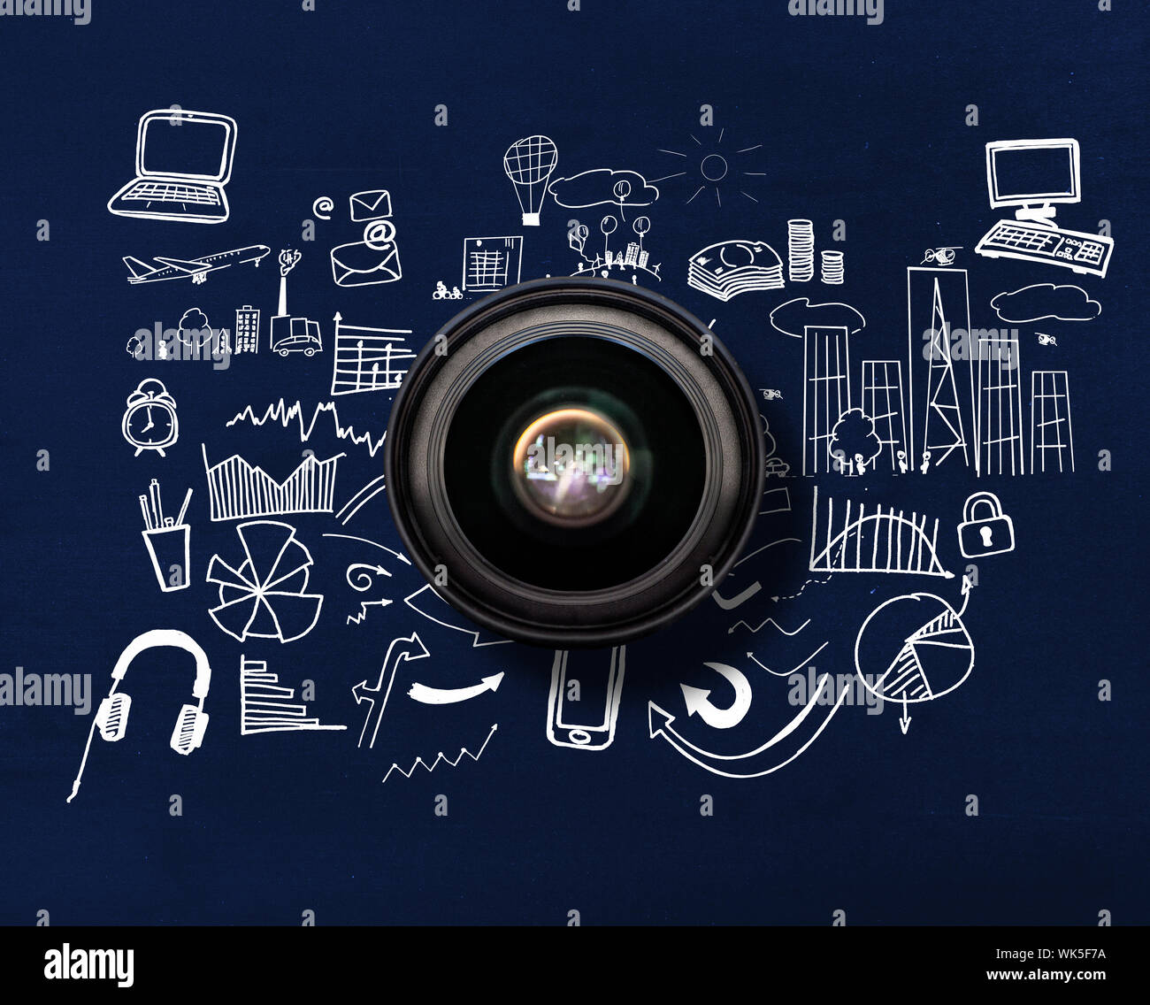 Camera lens against navy blue with doodles Stock Photo - Alamy