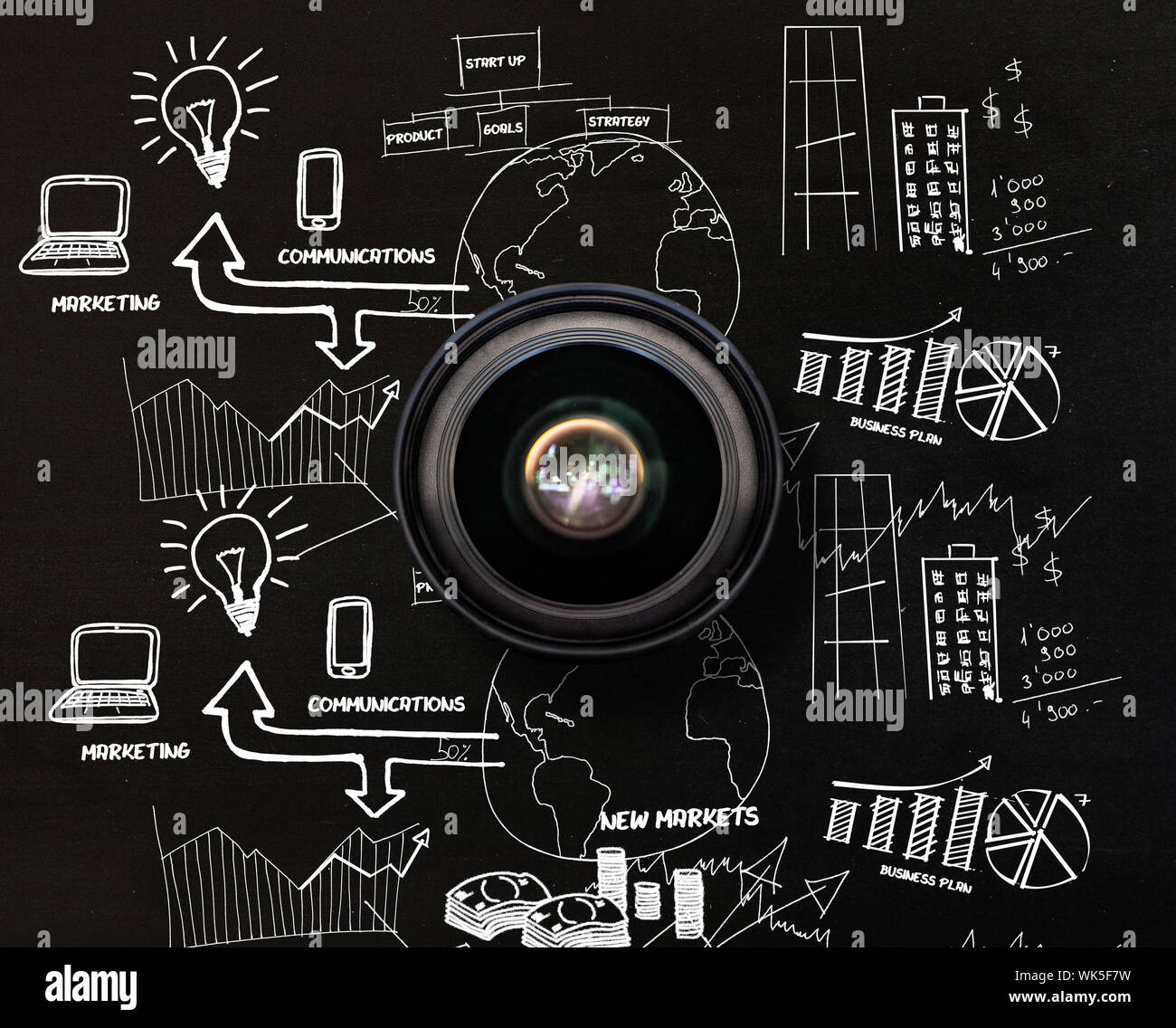 Camera lens against black with doodles Stock Photo - Alamy