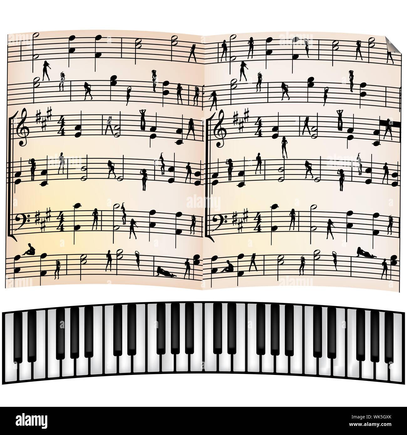 Abstract musical background, objects. Stylized piano keyboard and music ...