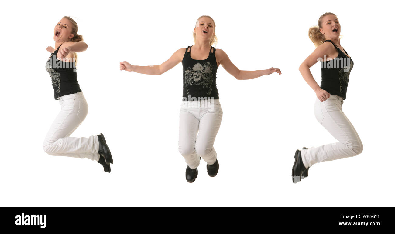 Beautiful woman jumping with joy isolated on white background Stock ...