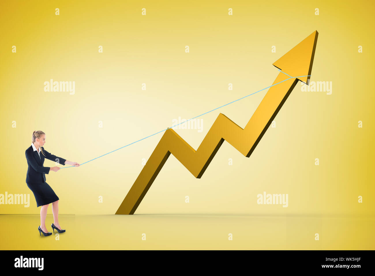 Businesswoman pulling a rope around arrow against white background with ...