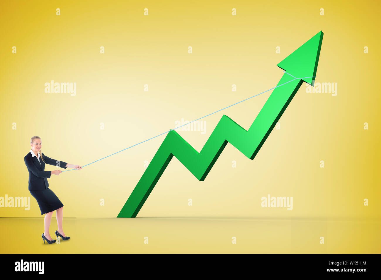 Businesswoman pulling a rope around arrow against white background with ...