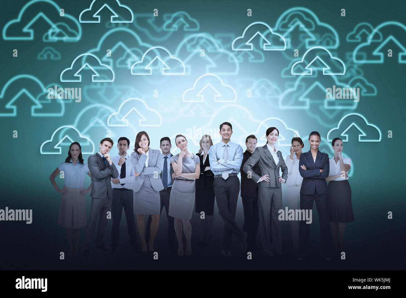 Digital composite of business team against cloud computing background ...