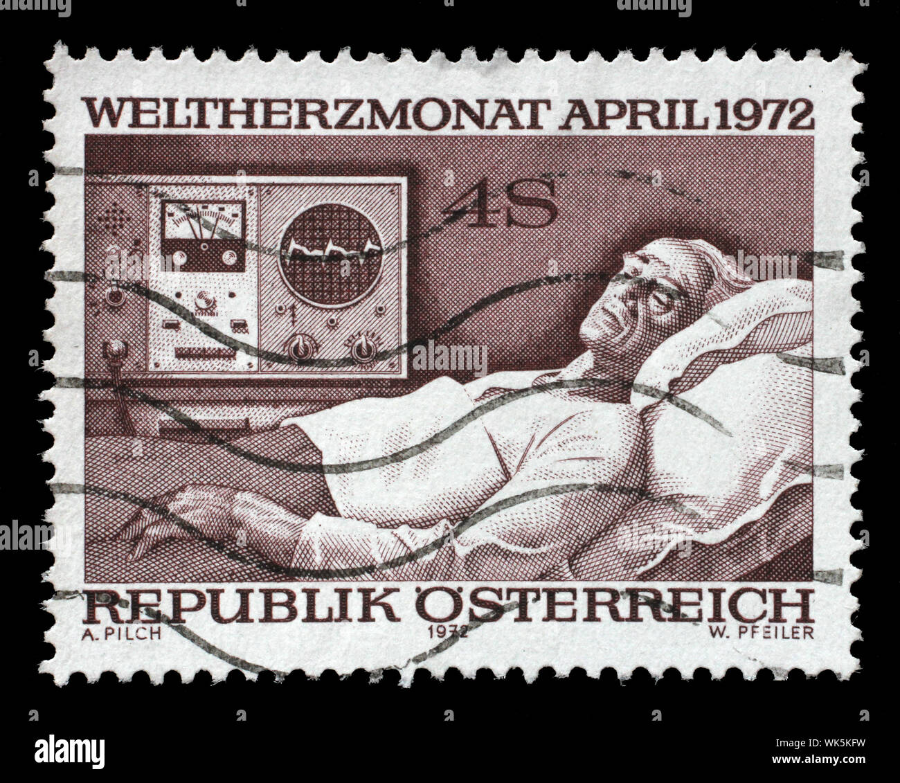 Stamp issued in the Austria shows Patient with heart monitor, World ...