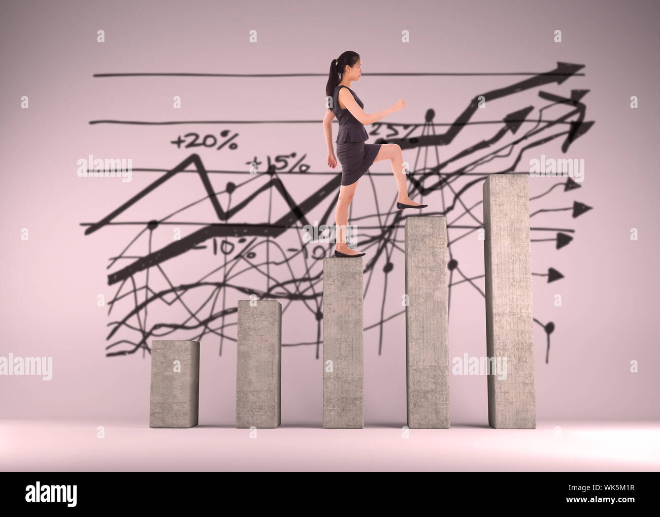 Businesswoman stepping up on bar chart depicting growth Stock Photo - Alamy