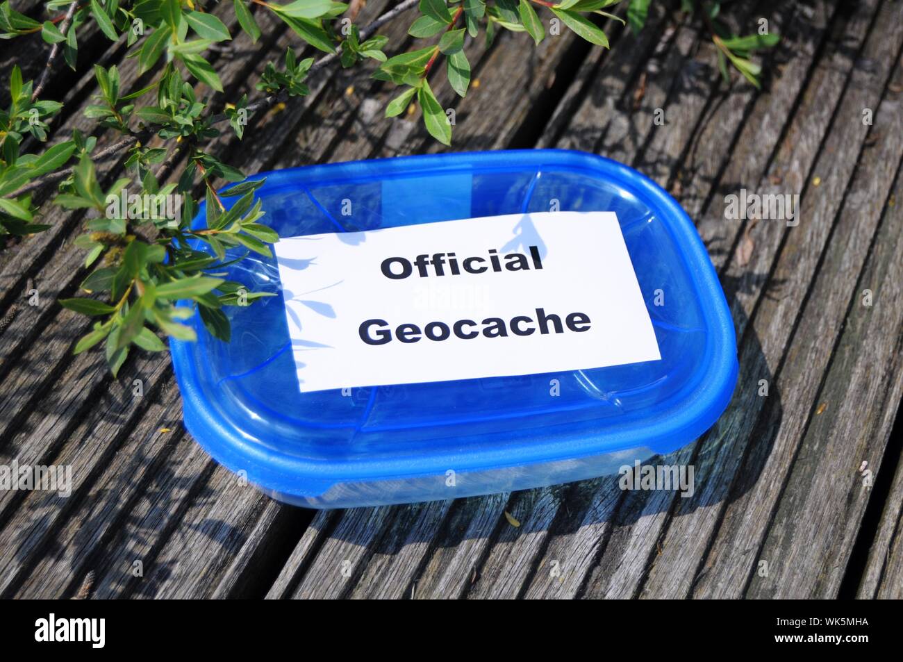 geocaching concept with blue geocache box showing outdoor sports ...