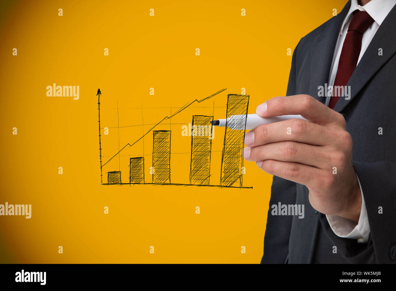 Composite image of businessman drawing graph against yellow background ...