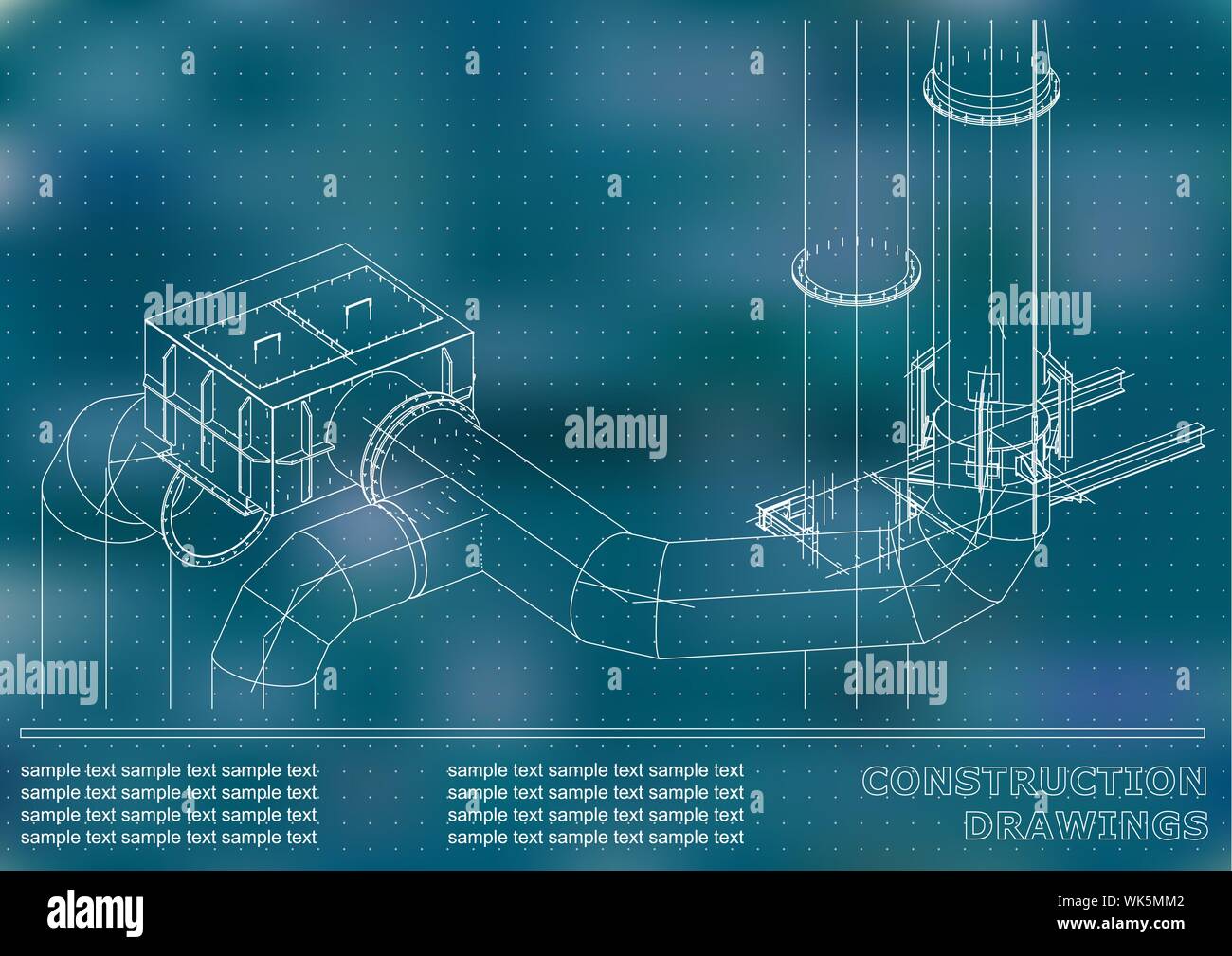 Construction drawings. 3D metal construction. Pipes, piping. White and ...