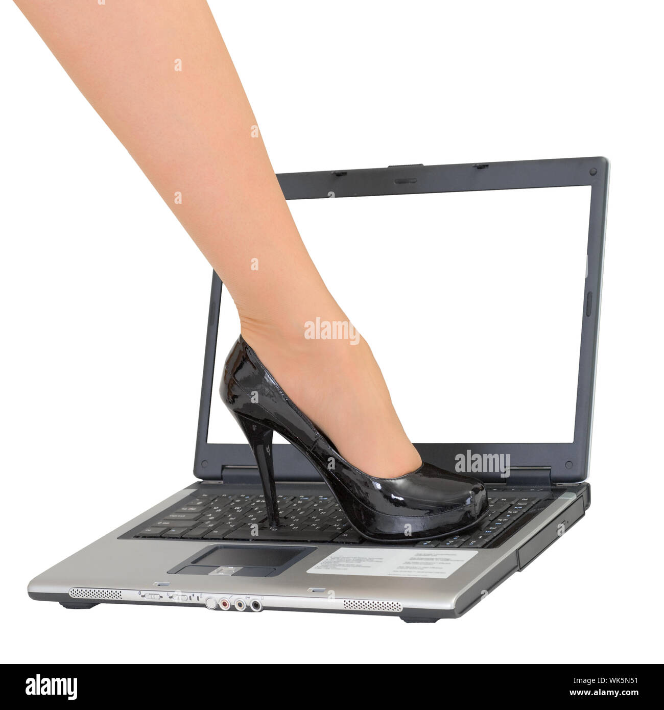 Female foot in a shoe on the laptop keyboard - game over Stock Photo ...