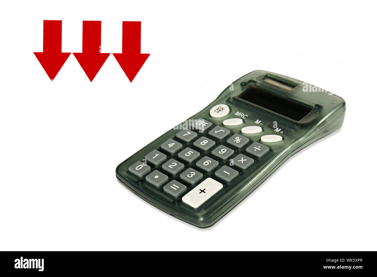 Calculator on white background with three red arrows pointing down ...
