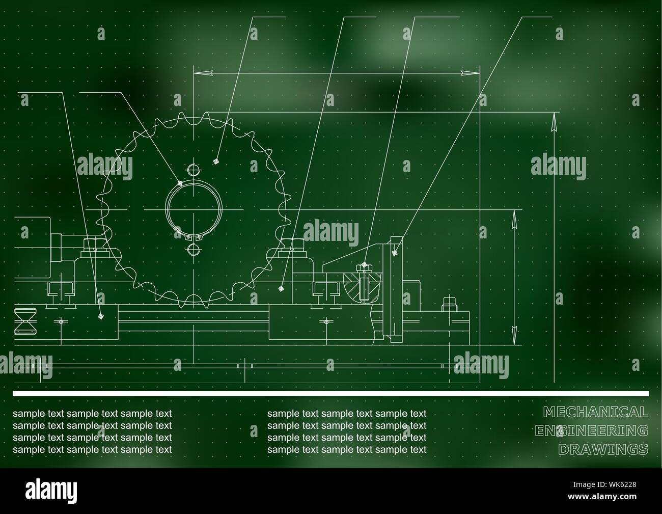 Mechanical drawings on a green and white background. Engineering ...