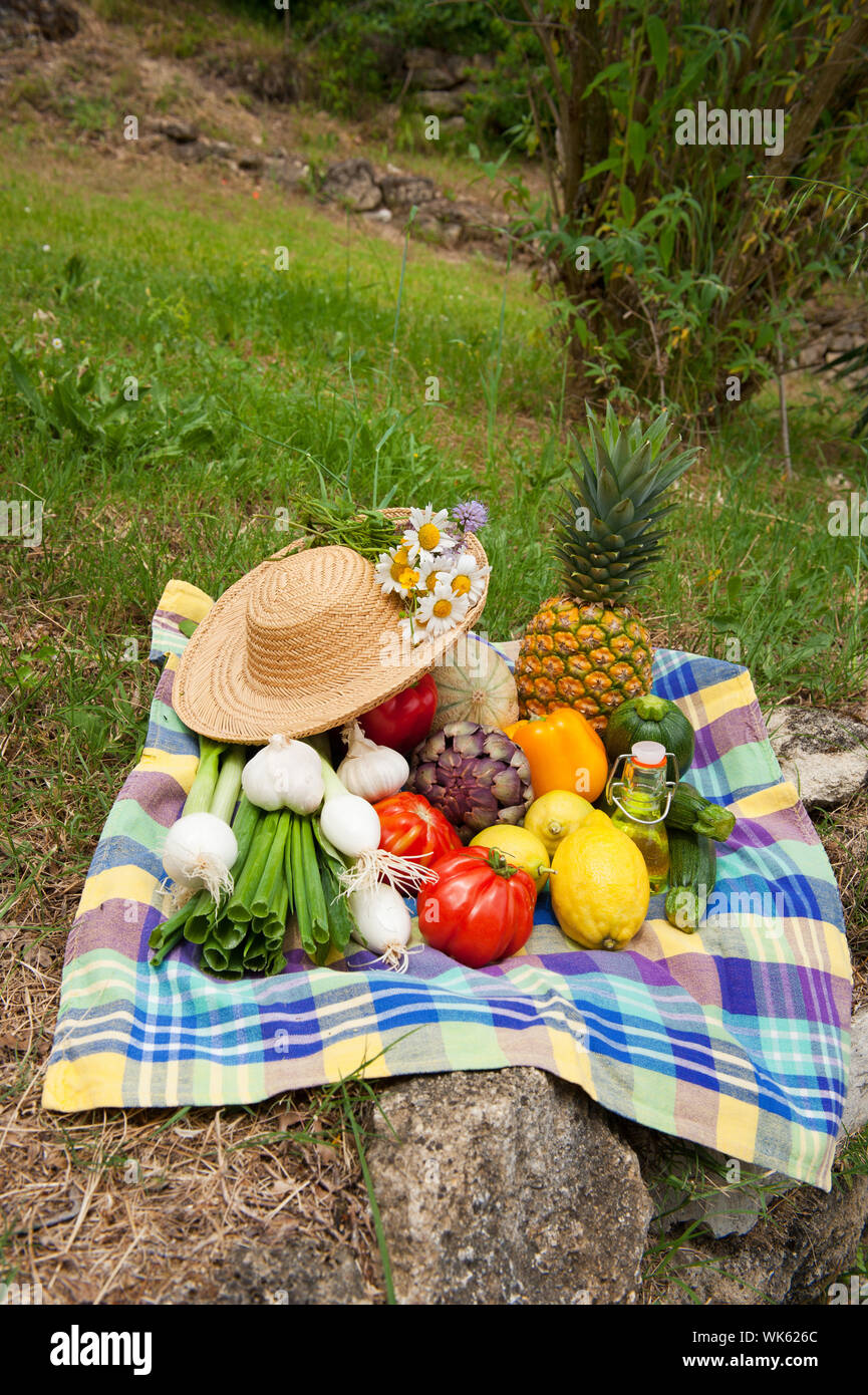 Fruit and vegetables in a rural still life outdoor Stock Photo - Alamy