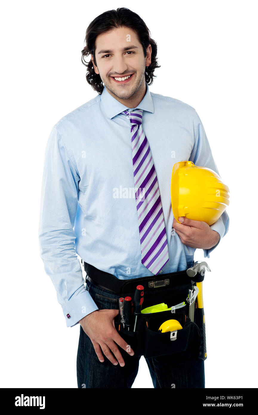 Young engineer with a tool belt, isolated on white Stock Photo - Alamy