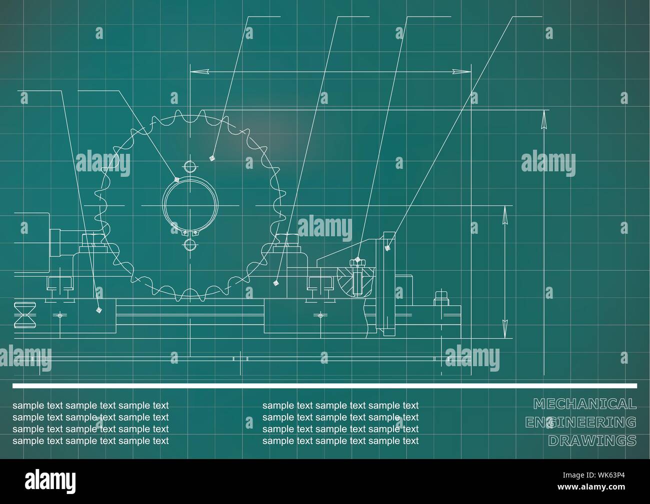 Mechanical drawings on a green, white background. Engineering ...