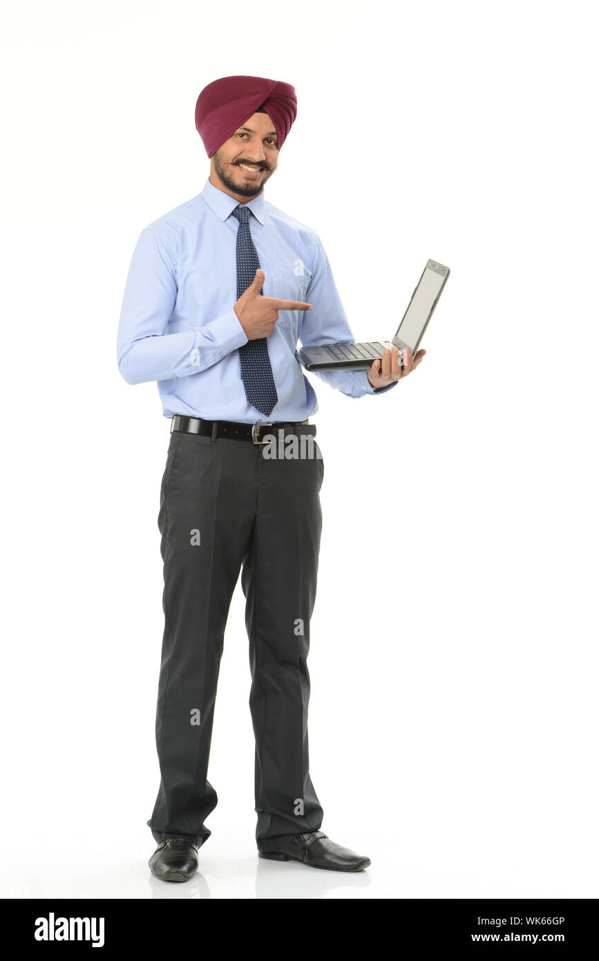 Salesman showing a laptop Stock Photo - Alamy