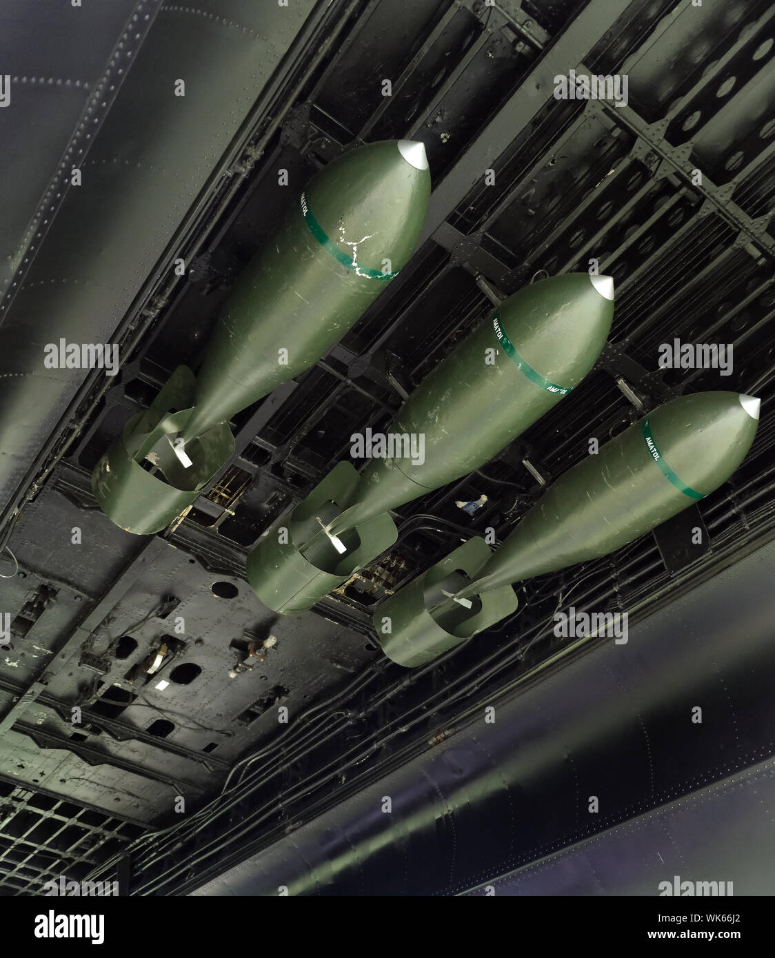 Bomb bay of Lancaster heavy bomber under renovation to flying condition ...