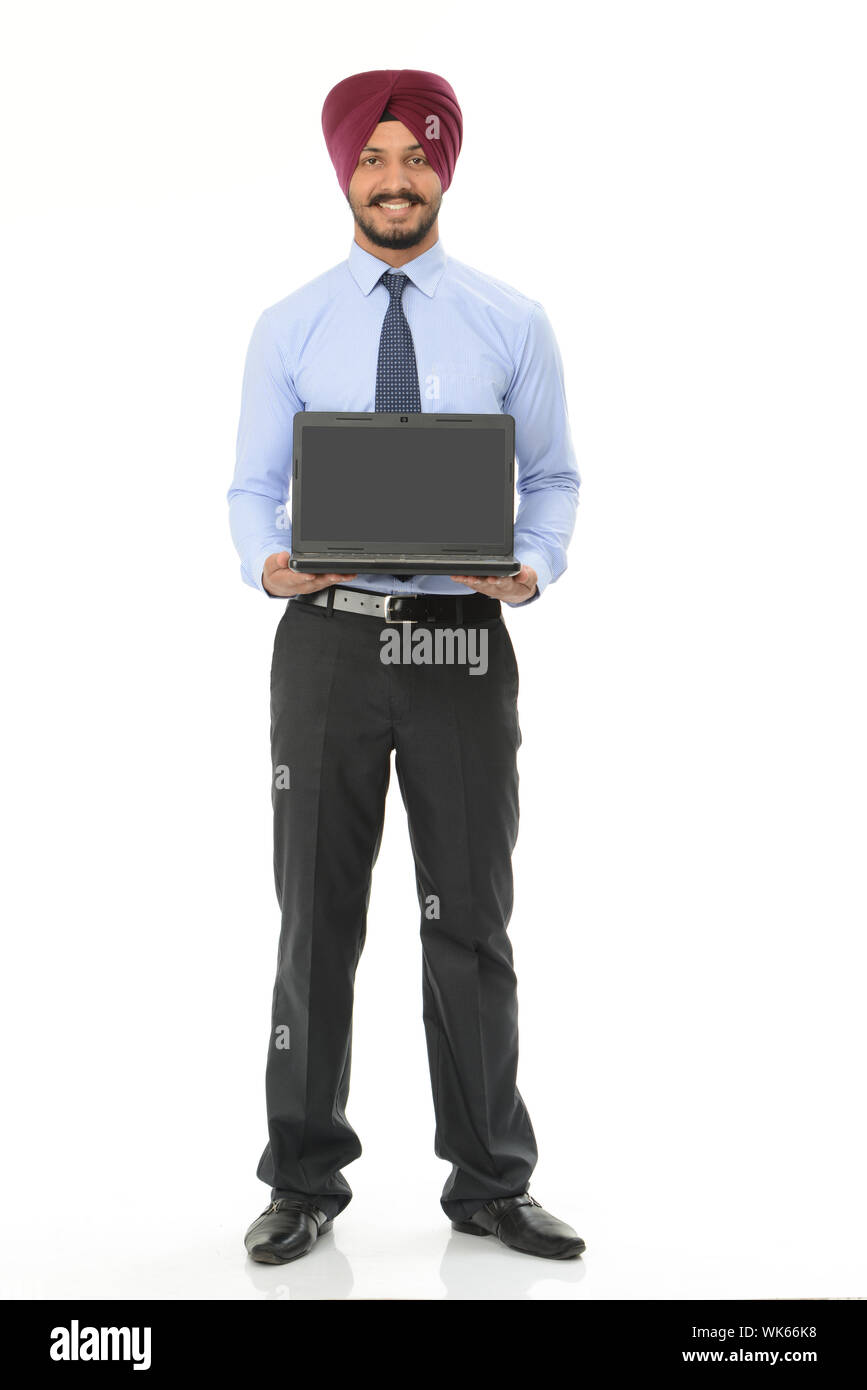 Salesman showing a laptop Stock Photo - Alamy