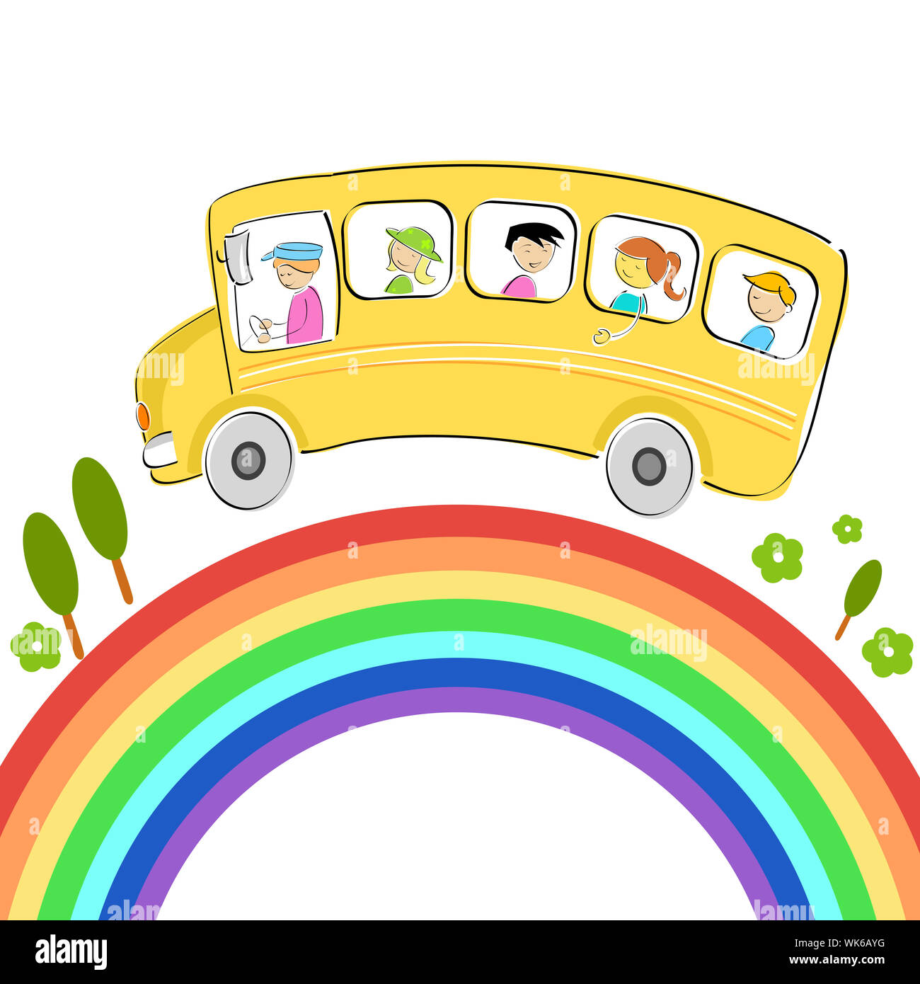 illustration of world tour with bus on rainbow Stock Photo - Alamy