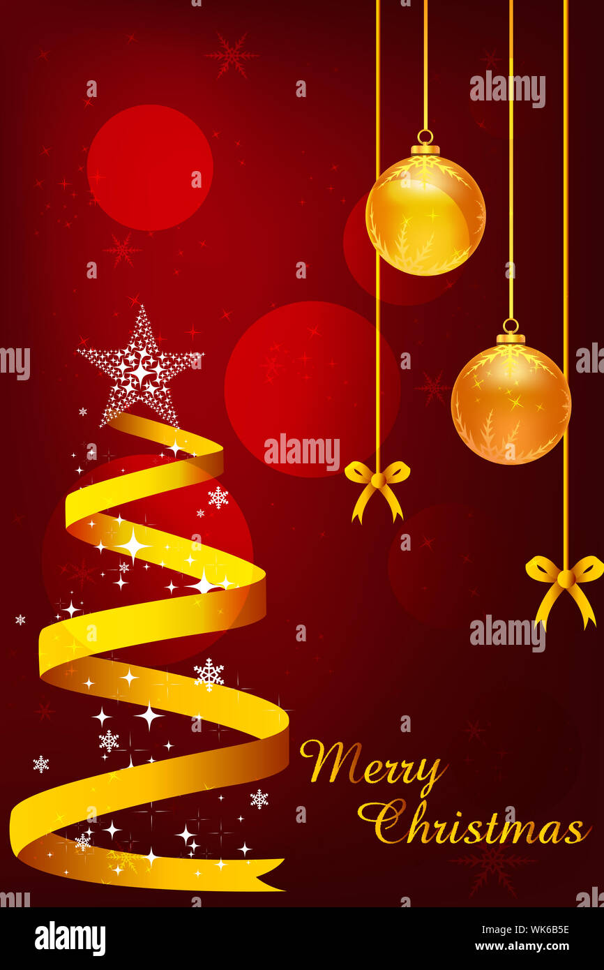 illustration of golden christmas card with star and hanging balls Stock ...
