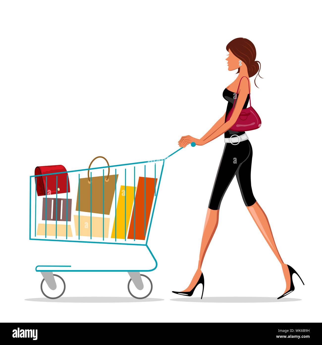 illustration of shopping lady with trolley on white background Stock ...