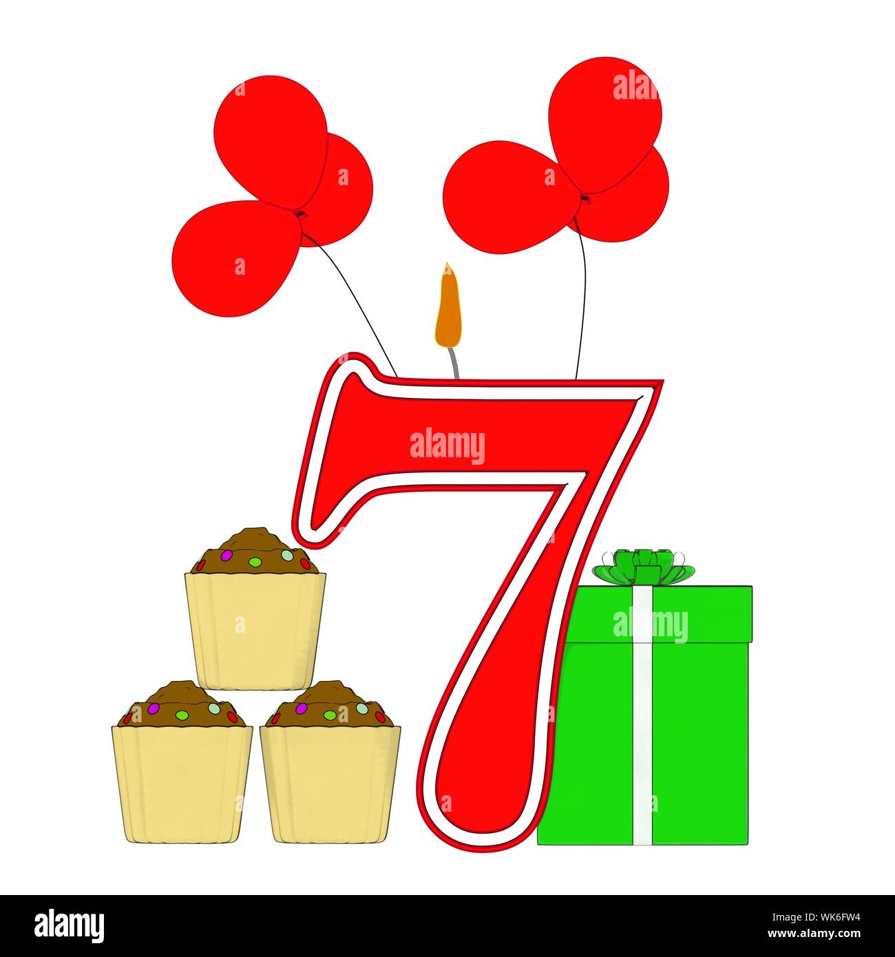 Number Seven Candle Showing Cupcakes Balloons And Presents Stock Photo ...