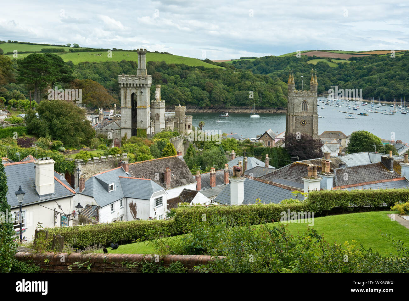 View over Fowey town and the River Fowey estuary. Fowey, Cornwall ...