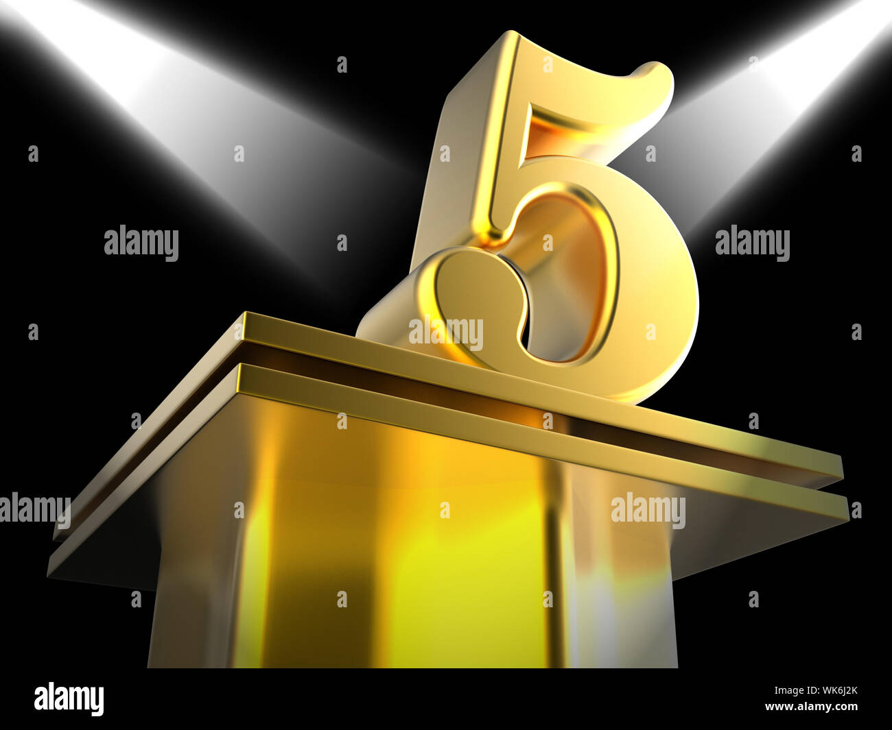 Golden Five On Pedestal Showing Shiny Trophy Or Award Stock Photo - Alamy