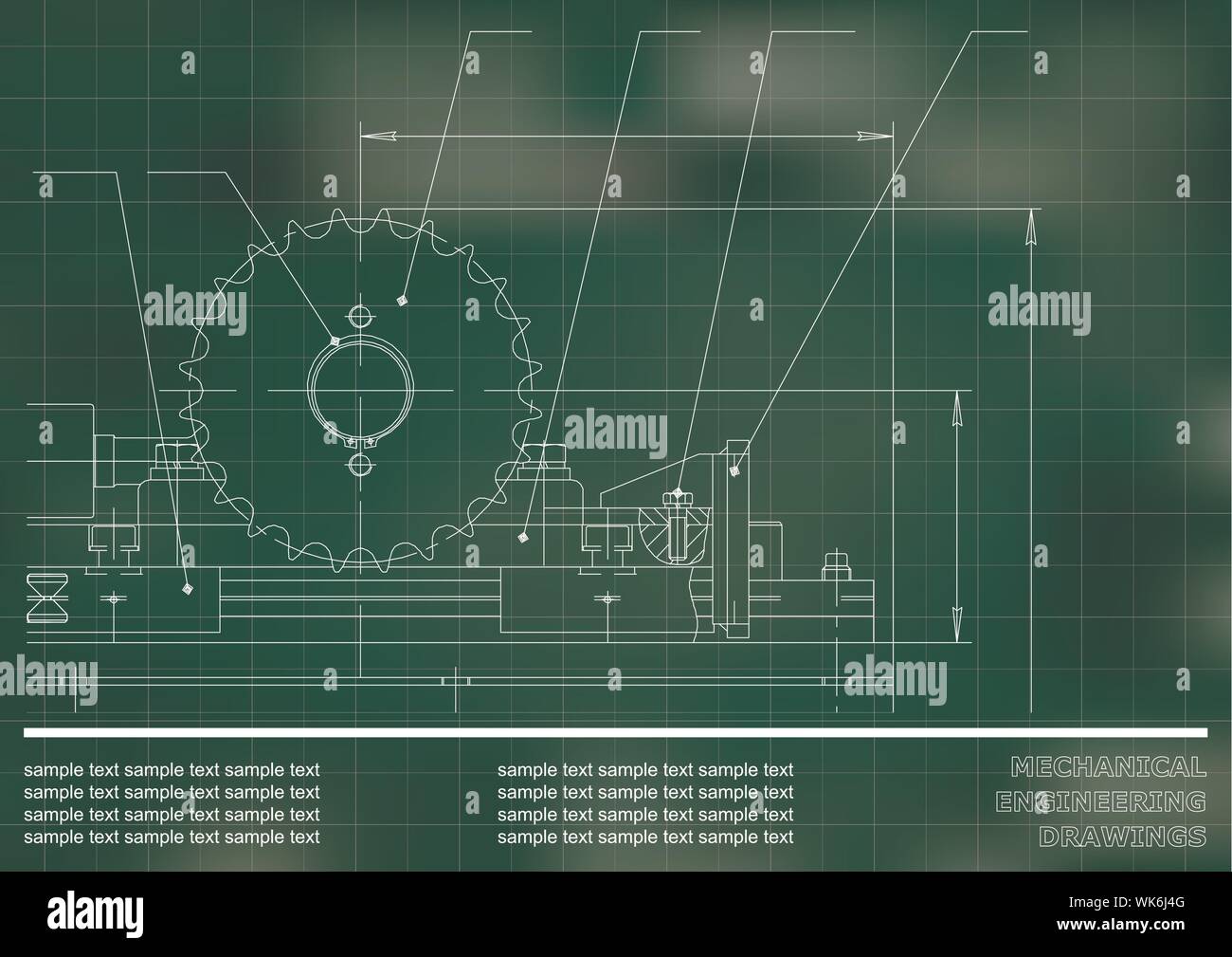 Mechanical drawings on a green and white background. Engineering ...
