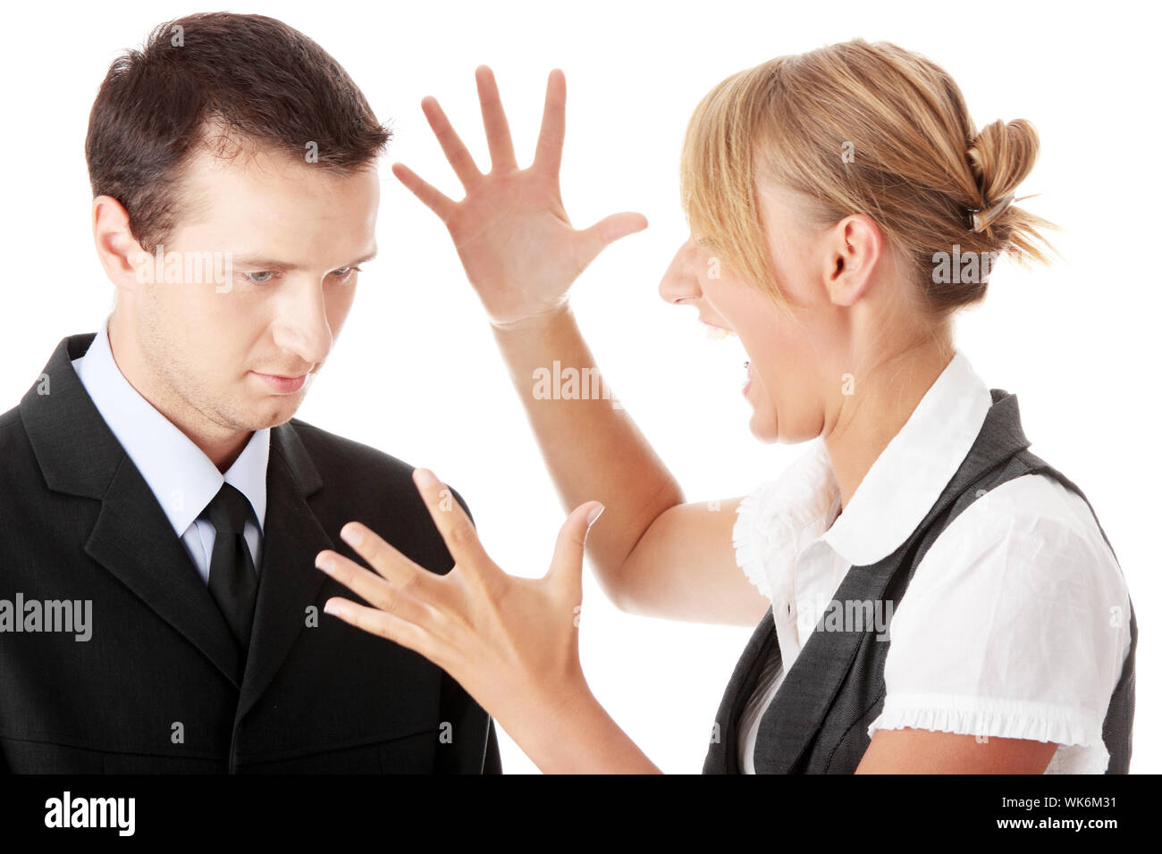 Work Colleagues arguing on white background Stock Photo - Alamy