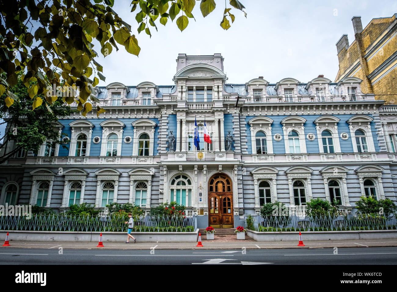 Latvia: Riga. Building housing the French Embassy, with its blue facade ...