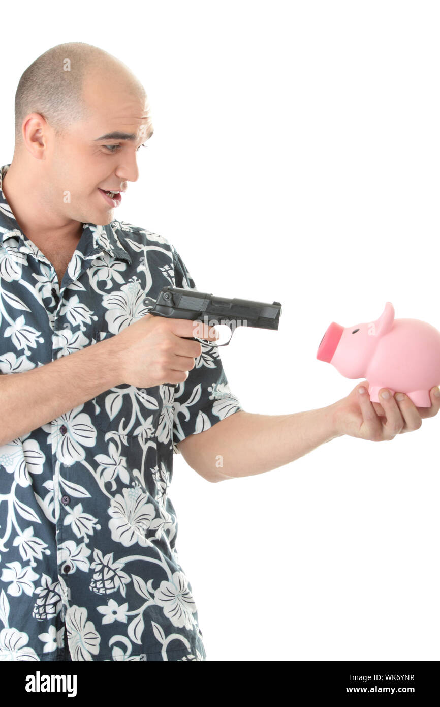 Man with gun pointing at piggy bank isolated on white Stock Photo - Alamy