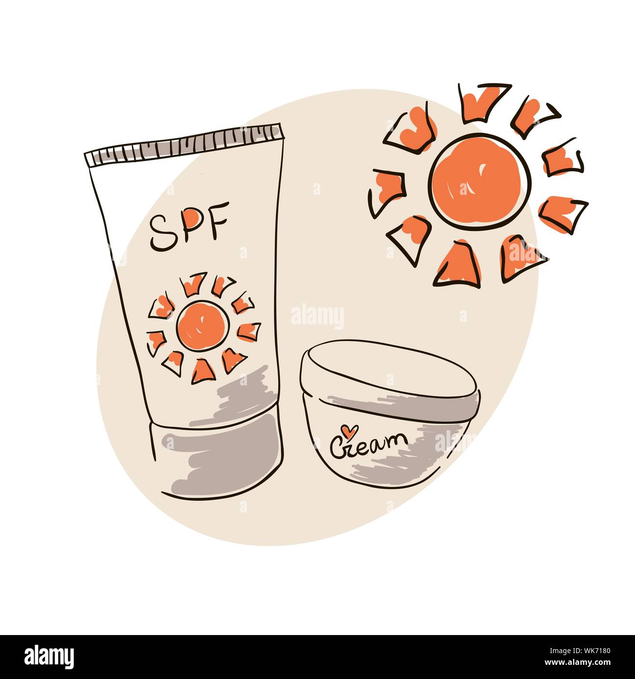 Doodle image sunblock cream for body skin care. Doodle drawing. Hand ...