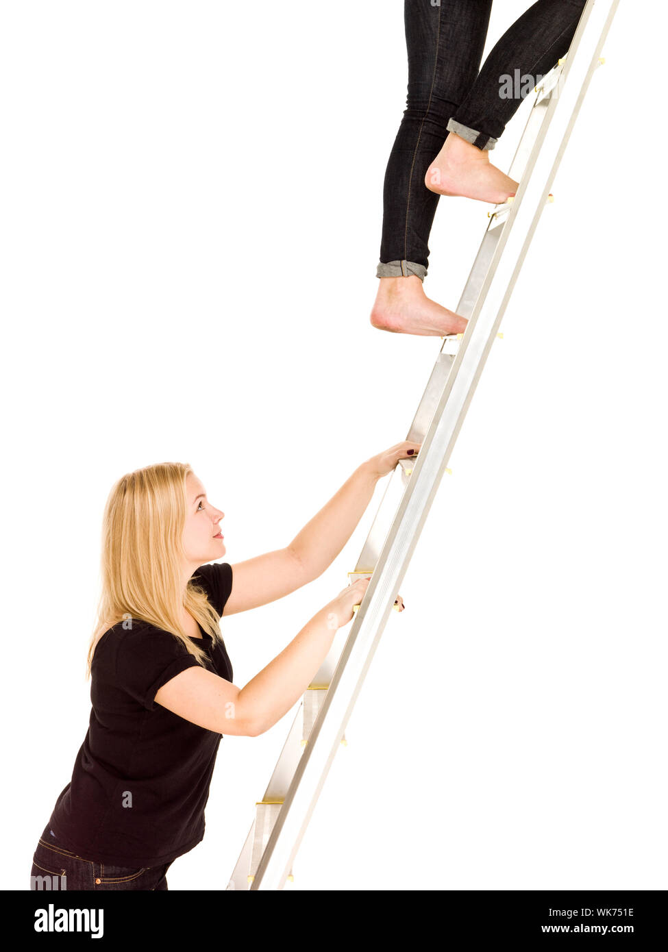 Women climbing up the ladder isolated on white background Stock Photo ...