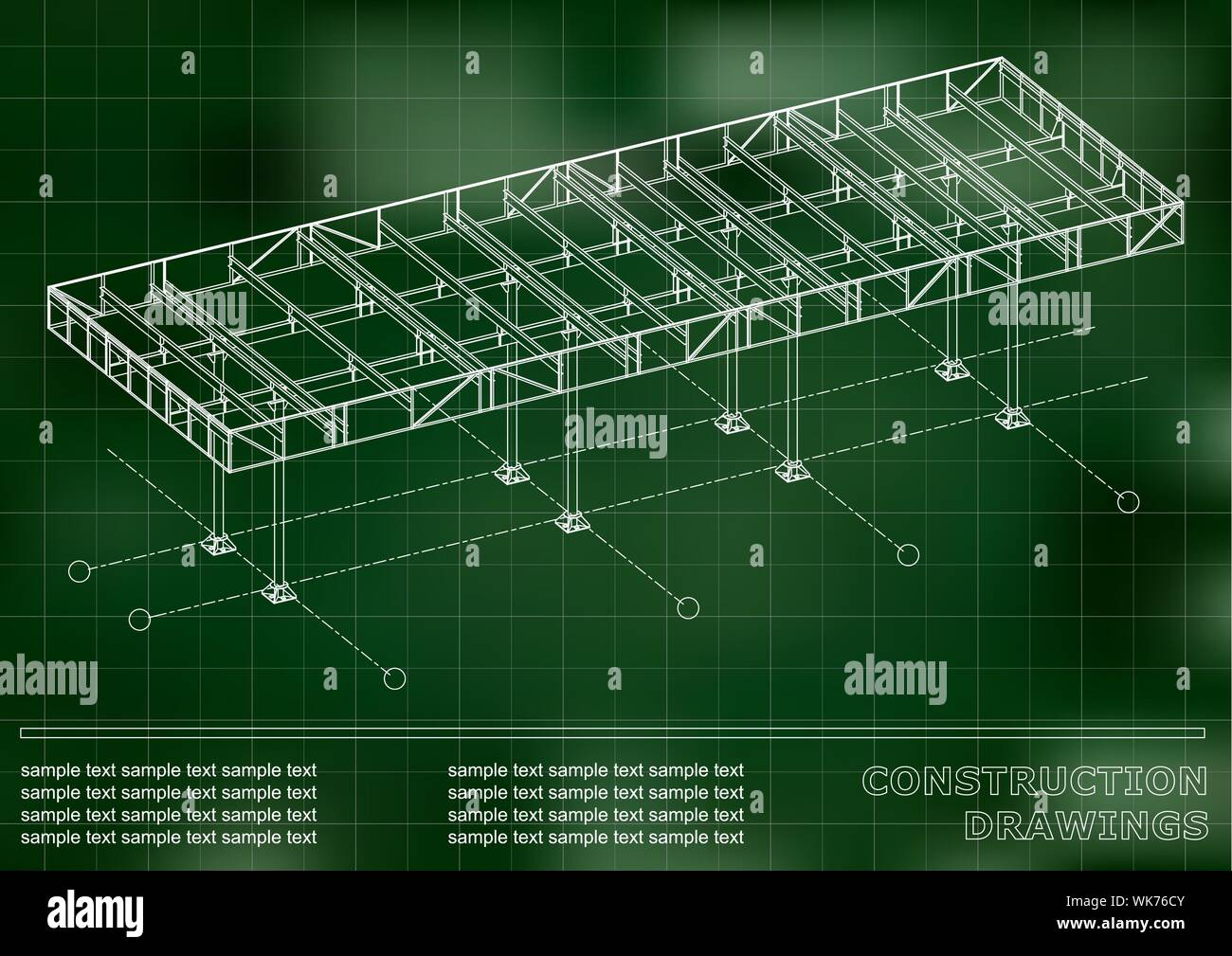 Construction drawings. 3D metal construction. Cover, green background ...