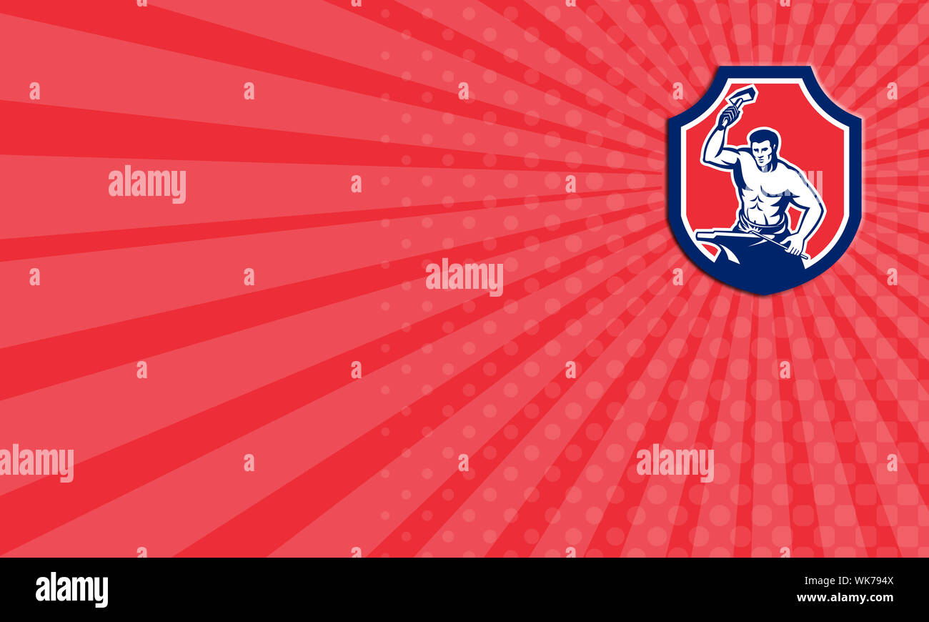 Business card showing illustration of a blacksmith worker striking ...