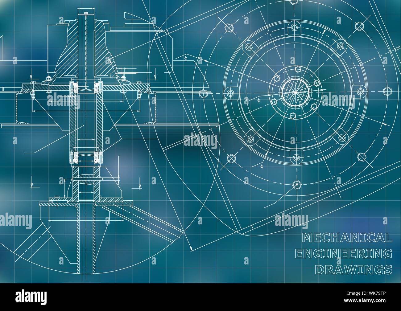 Mechanical engineering drawings. Vector blue background. Grid Stock ...