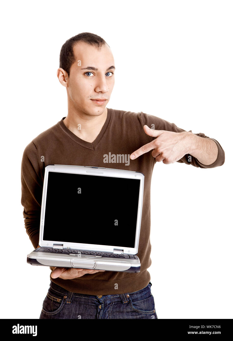 Young man showing a work presentation on the laptop, isolated on white ...