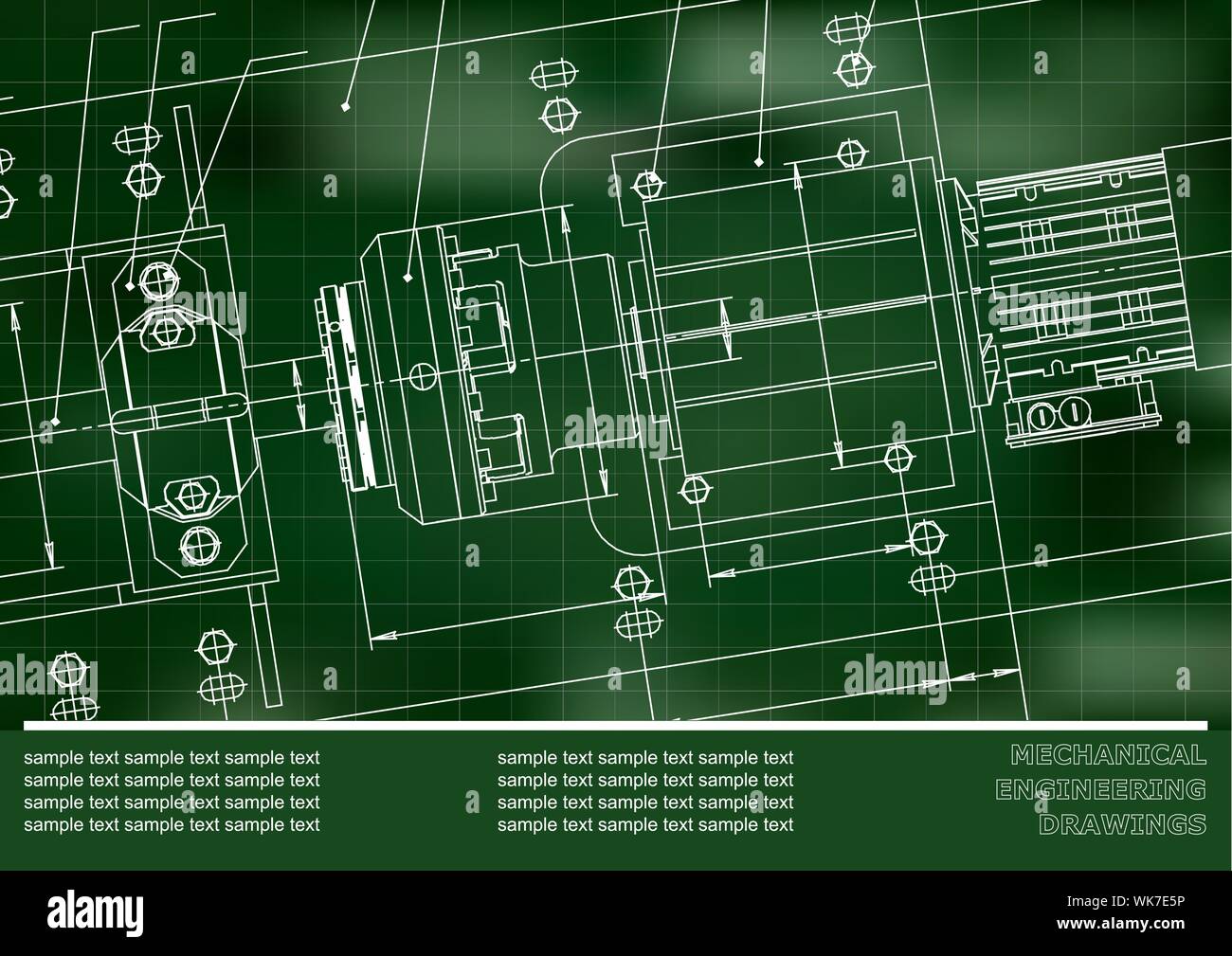 Mechanical engineering drawings on a green background. Vector. Grid ...