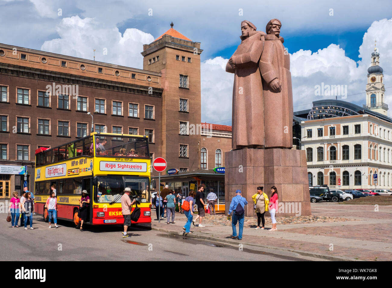 Latvia: Riga. Tour bus in Latvian Skirmishers Square Soviet era ...