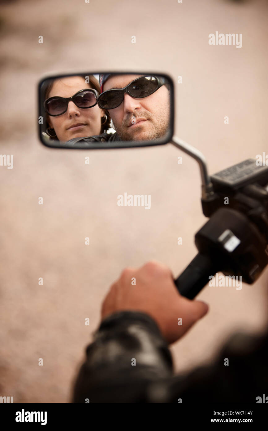 Reflection of Motorcycle Driver and Rider in Rearview Mirror Stock ...