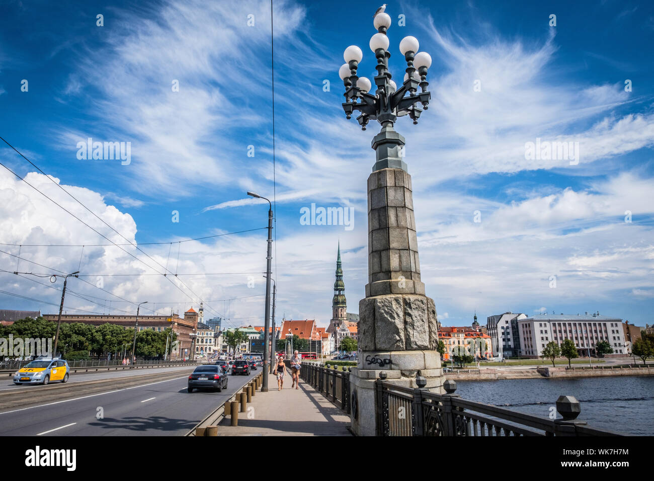 Latvia: Riga. Stone Bridge (Akmens tilts) stretching across the Daugava ...