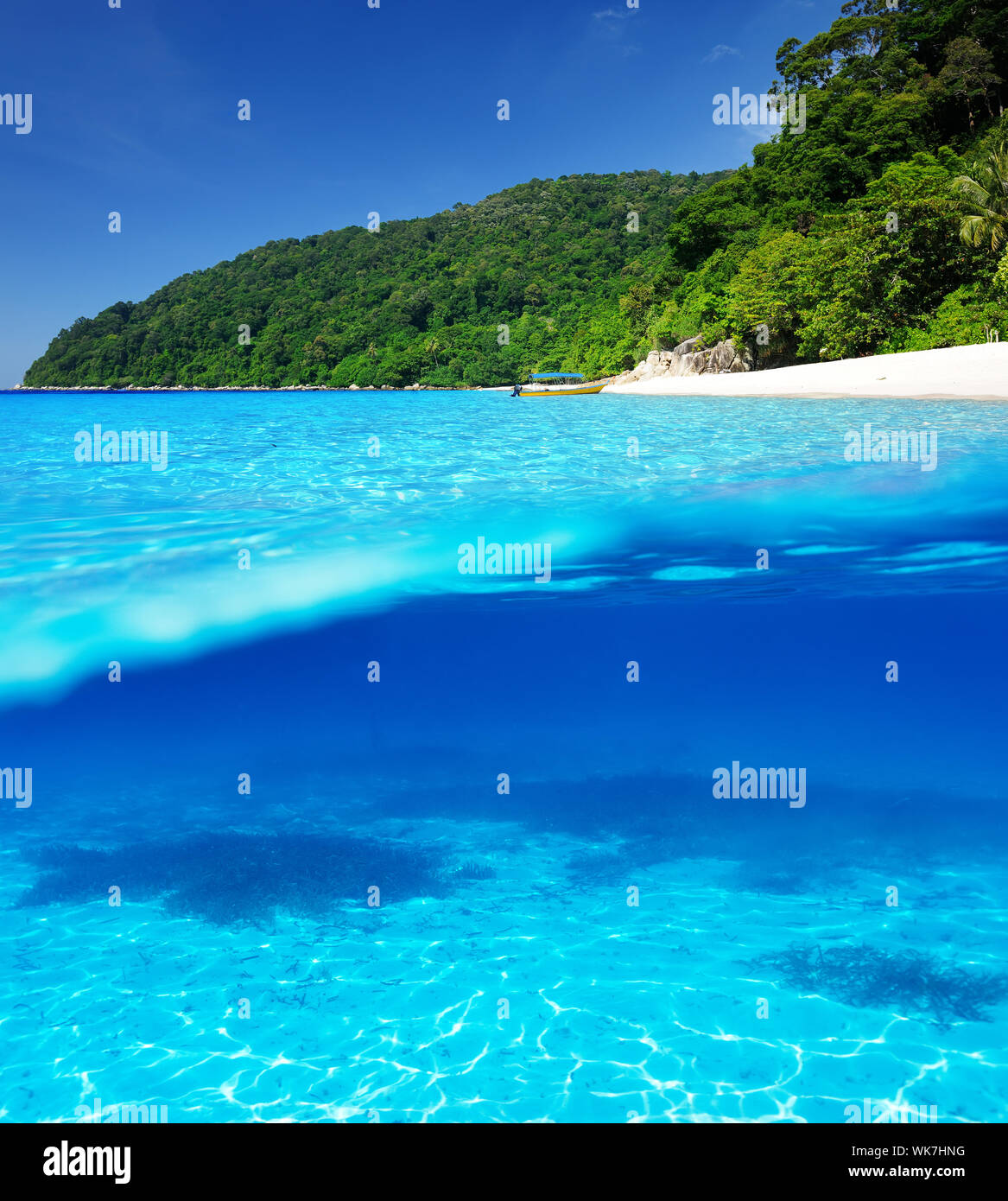 Beautiful beach with white sand bottom underwater and above water split ...