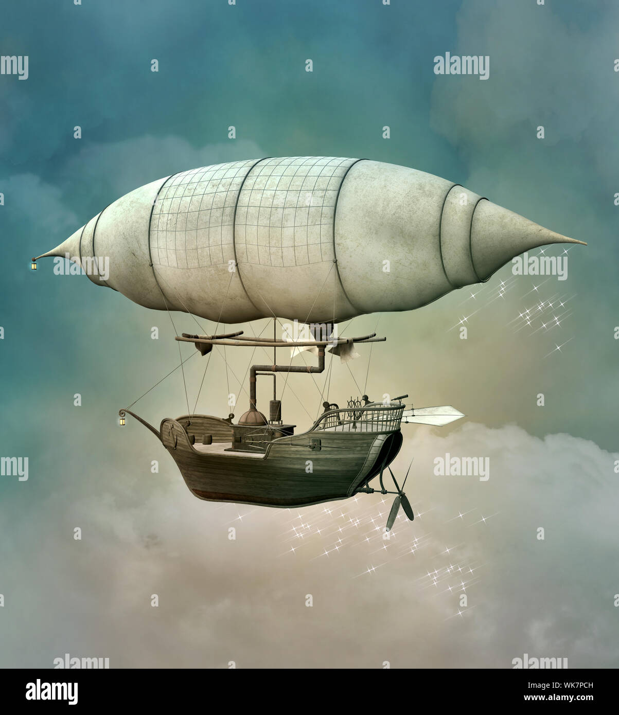 Fantasy steam punk airship flying in a cloudy sky Stock Photo - Alamy
