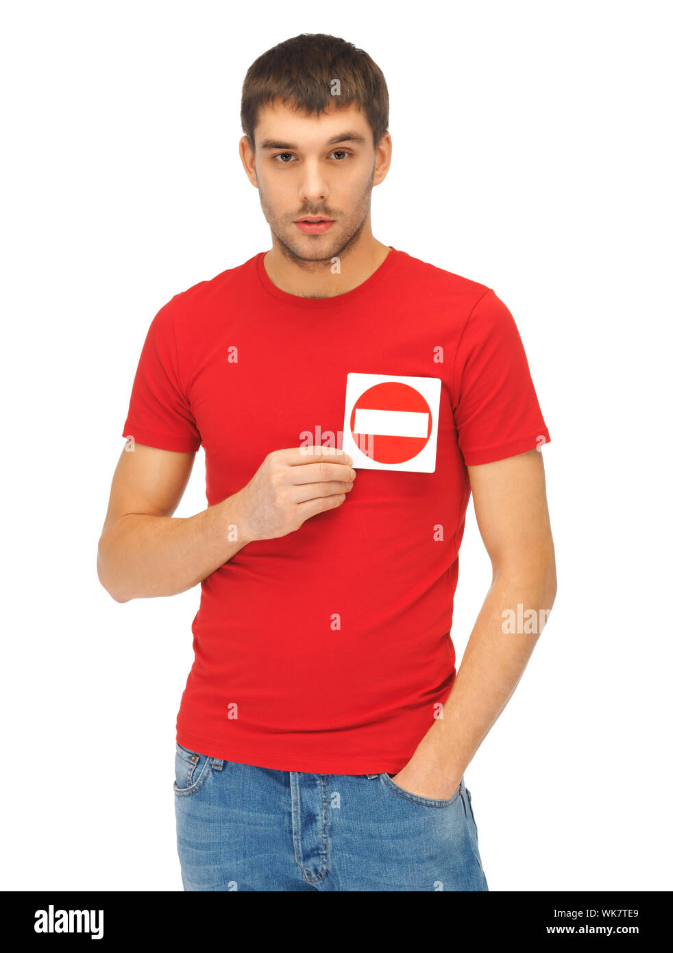 man holding no entry sign on the heart Stock Photo - Alamy