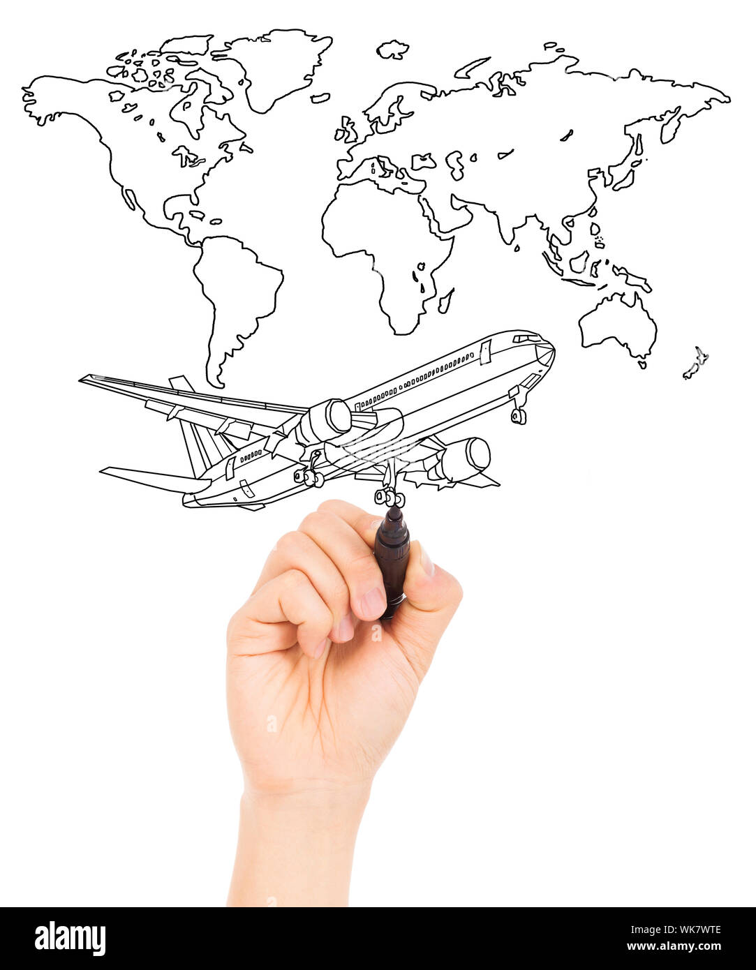 hand draw a concept picture about world map and a airplane Stock Photo ...
