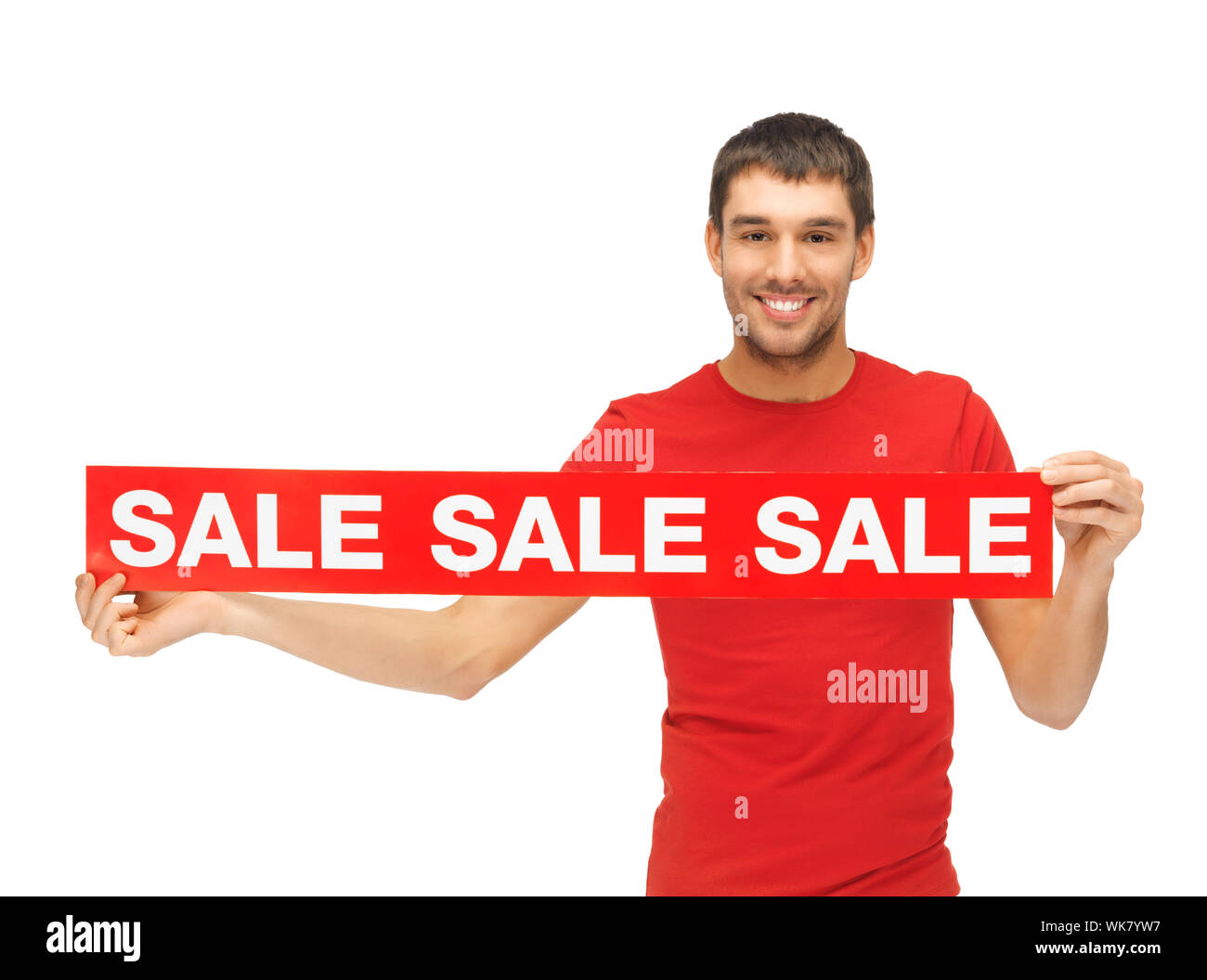 bright picture of handsome man with sale sign Stock Photo - Alamy