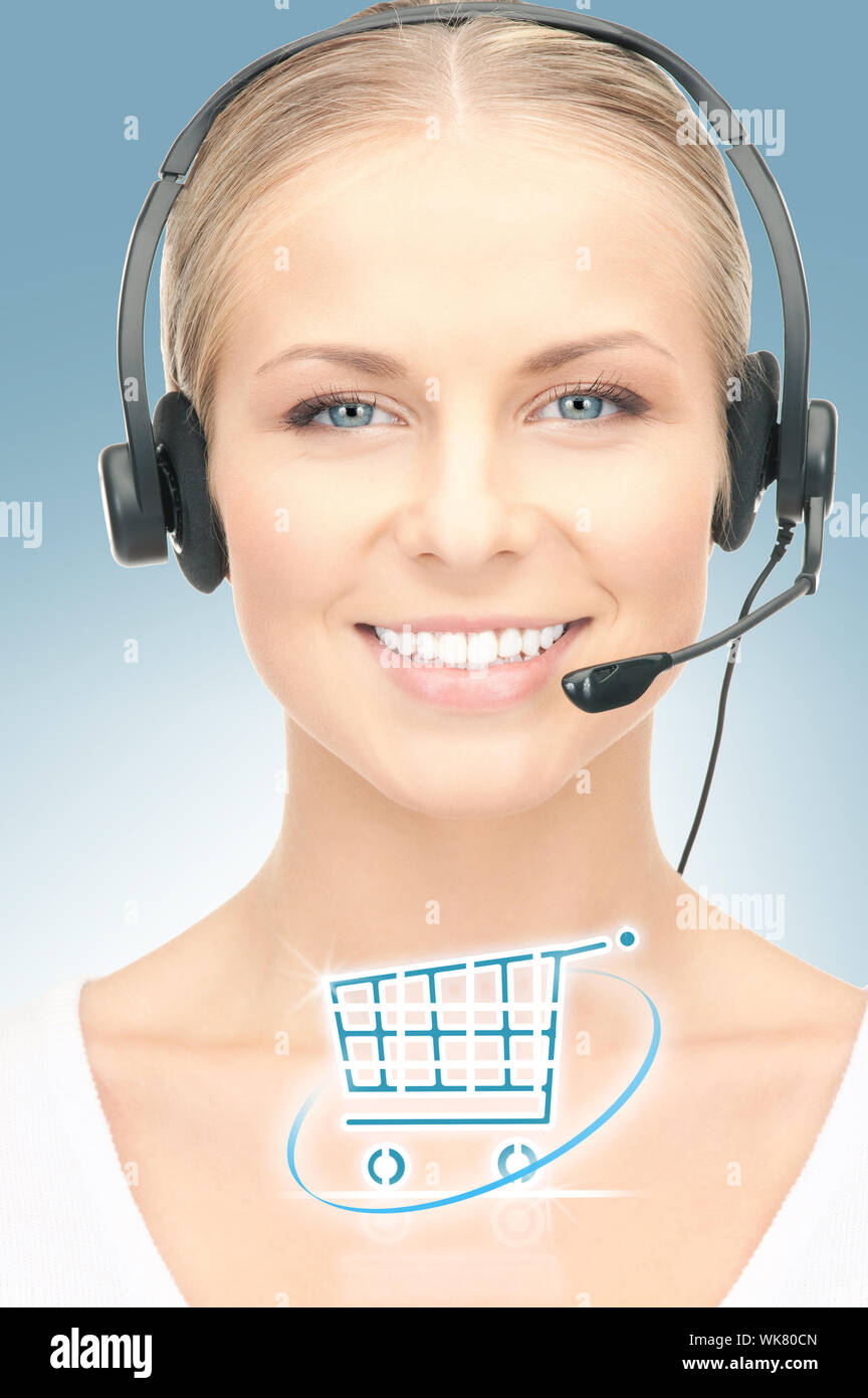 bright picture of friendly female helpline operator Stock Photo - Alamy
